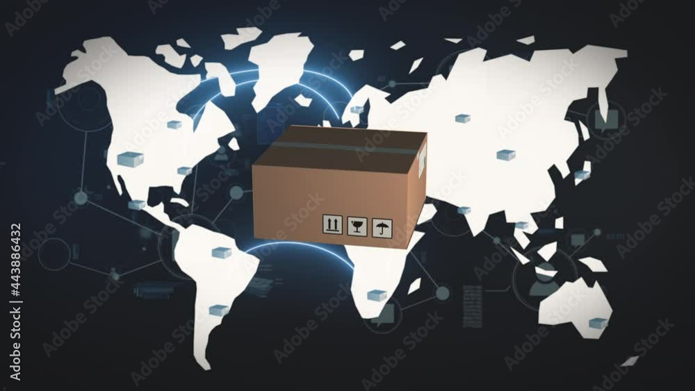Worldwide package distribution digital map. Cardboard box in front of ...