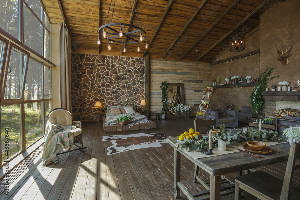 dark cozy interior of big country wooden house, wooden furniture and ...