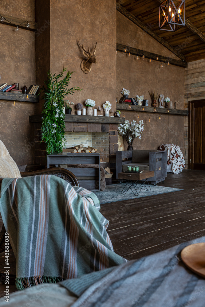 dark cozy interior of big country wooden house, wooden furniture and ...