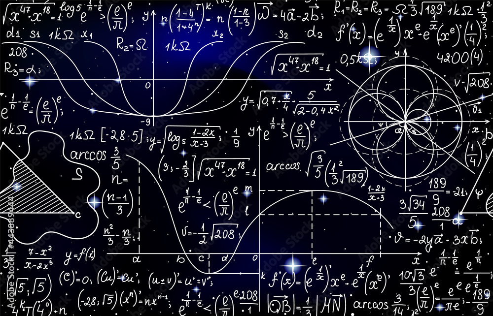 Math Vector Seamless Pattern With Formulas Figures And Calculations Handwritten On Starry Space