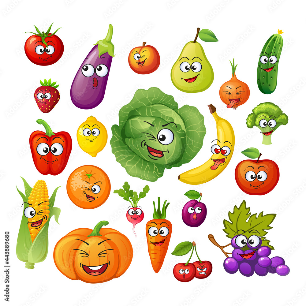 Cartoon fruit and vegetable characters. Fruit and vegetable emoticons ...