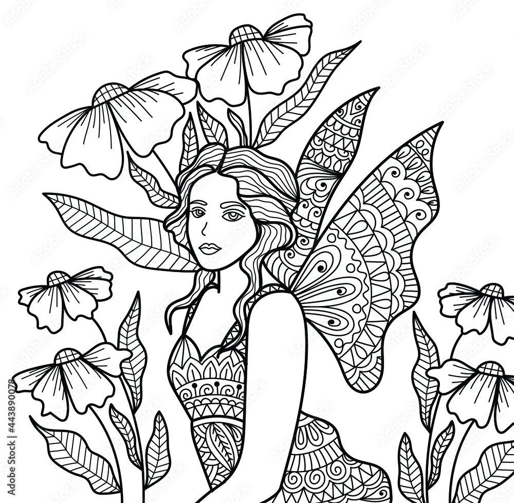 beautiful fairy angel zentangle colouring book page for adults and ...