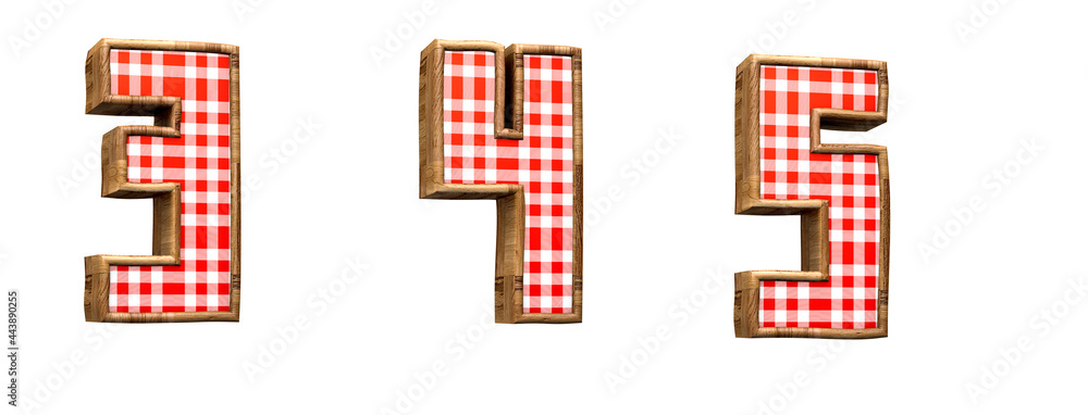 Red plaid alphabet. Numbers 3, 4, 5 in 3d render. Rustic party. White ...