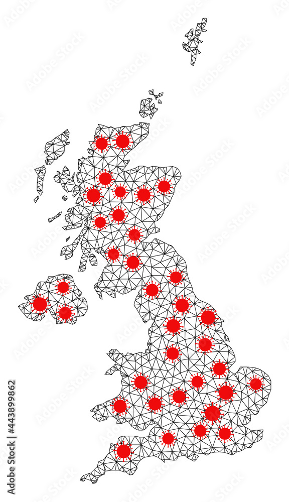 Wire frame polygonal map of United Kingdom under lockdown. Vector model ...