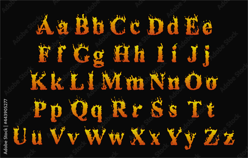 New vector fire font. Beautiful burning letters in front of the black ...