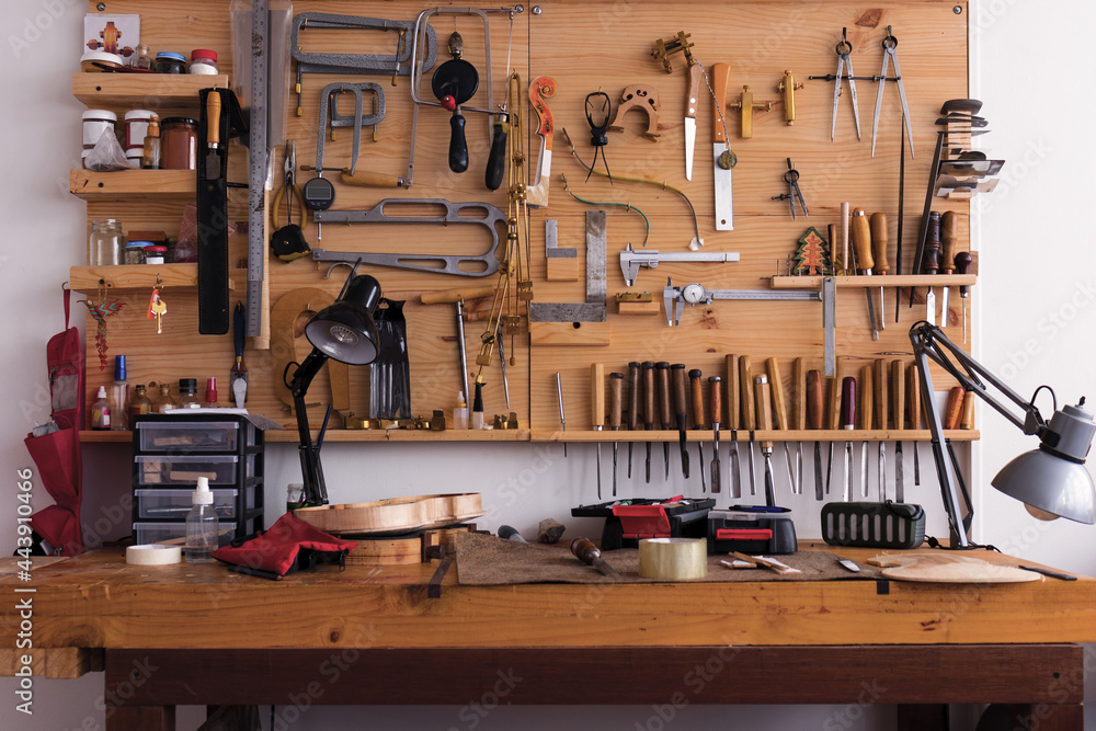 Luthier's workshop and tools that use to make a violin Stock Photo ...