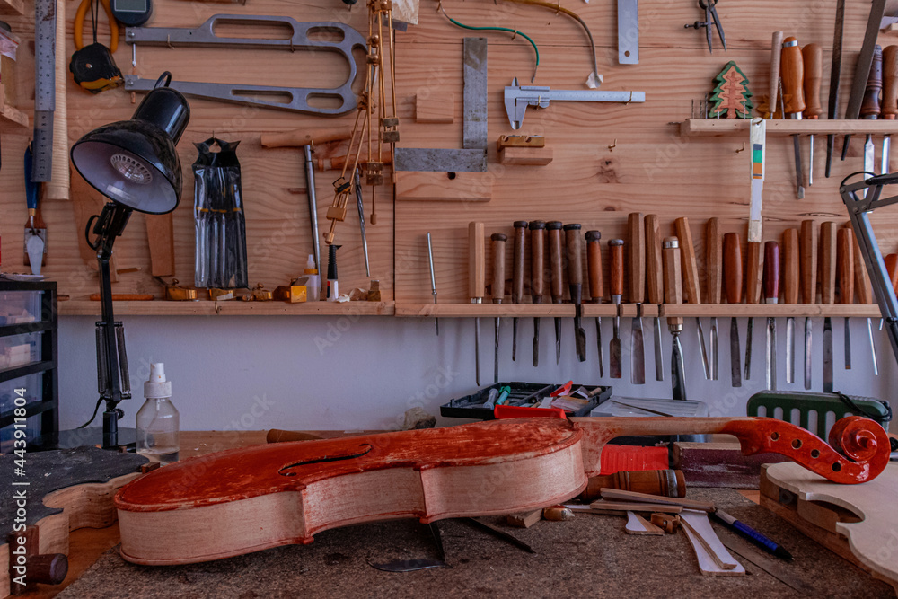 Luthier's workshop and tools that use to make a violin Stock Photo ...
