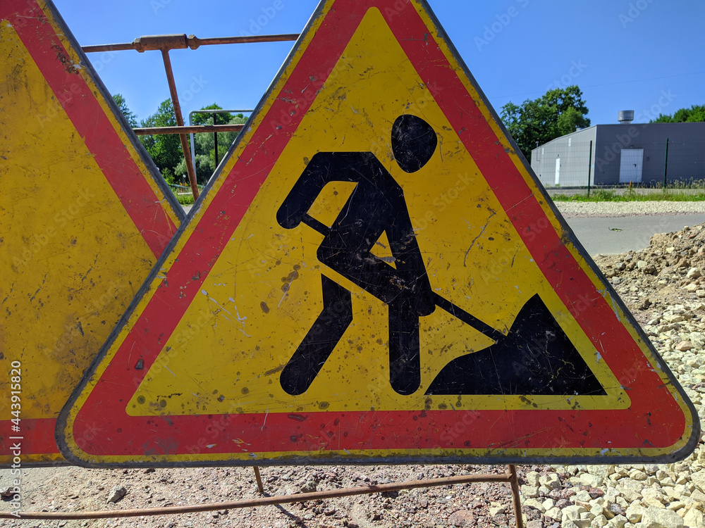road sign road works. road sign warning that work is in progress. Stock ...