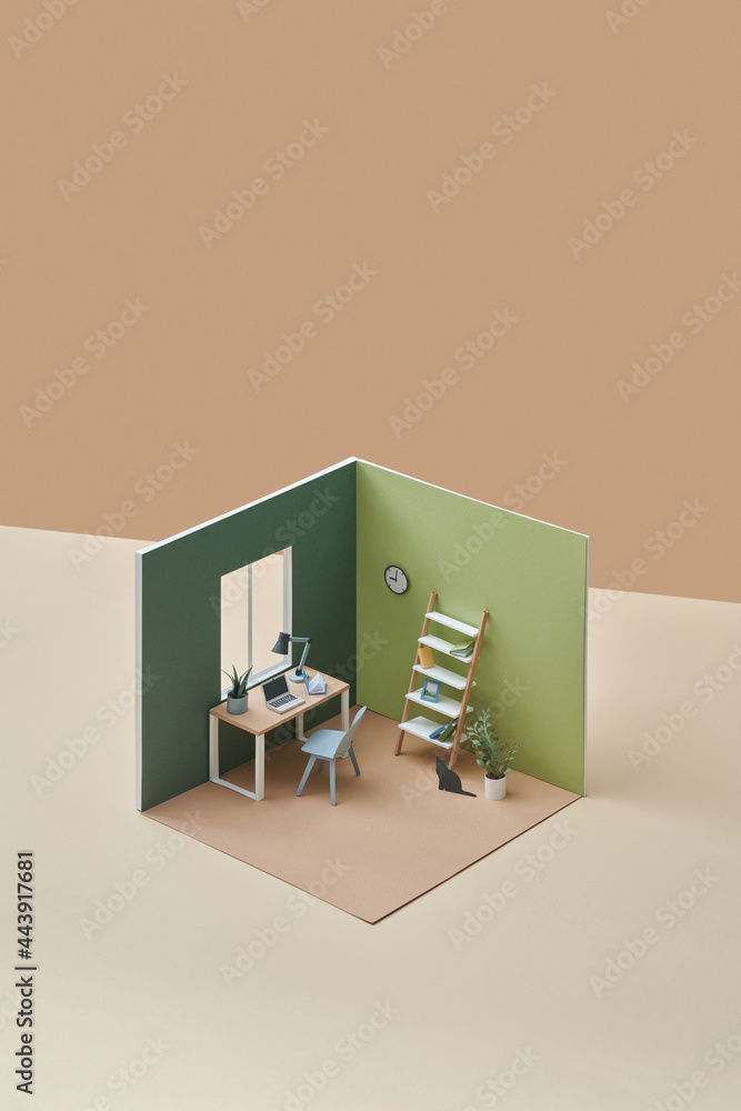 Papercraft room with furniture and cat Stock Photo | Adobe Stock