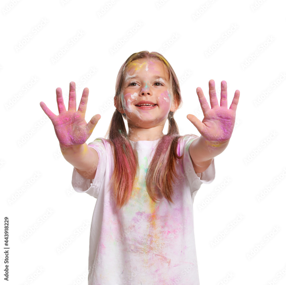 Cute little girl covered with colorful powder dyes on white background ...