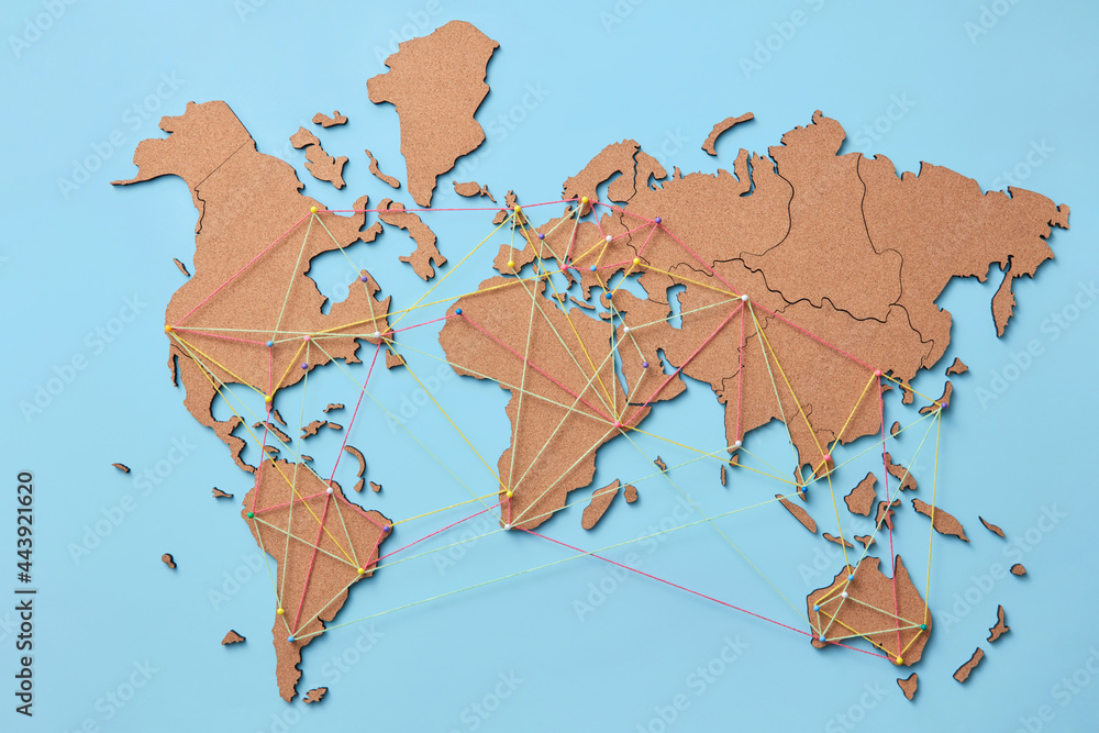 Map with connections on blue background Stock Photo | Adobe Stock