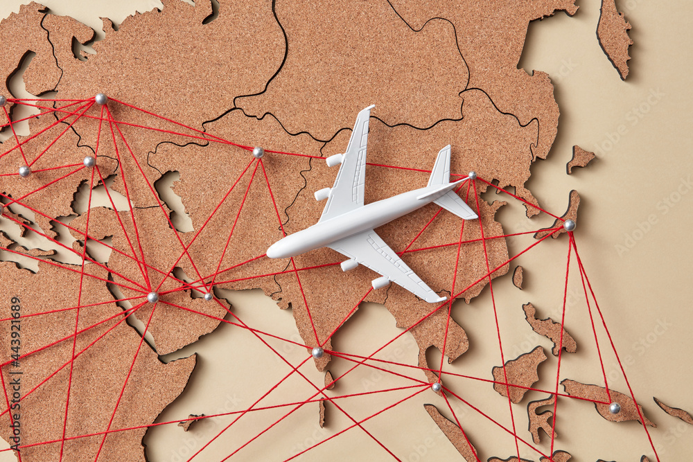 Plane on map with connections Stock Photo | Adobe Stock
