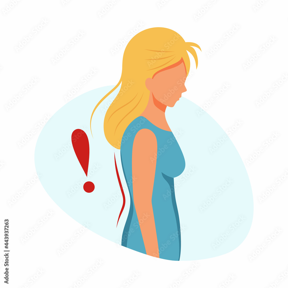 Woman with curvature of spine. Scoliosis and back pain. Vector ...