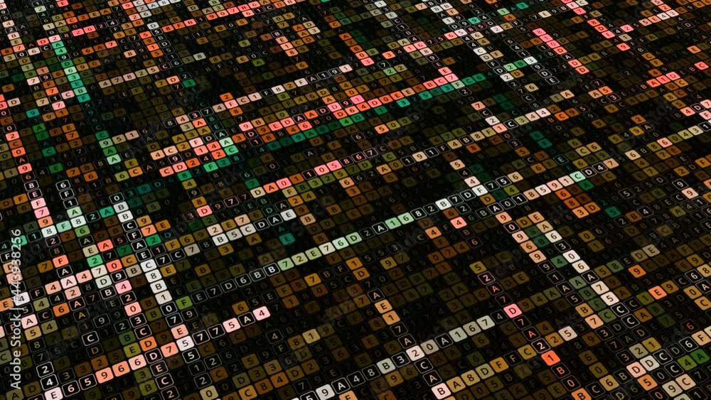 Background with cells and changing numbers. Animation. Computer field with generated numbers and ...