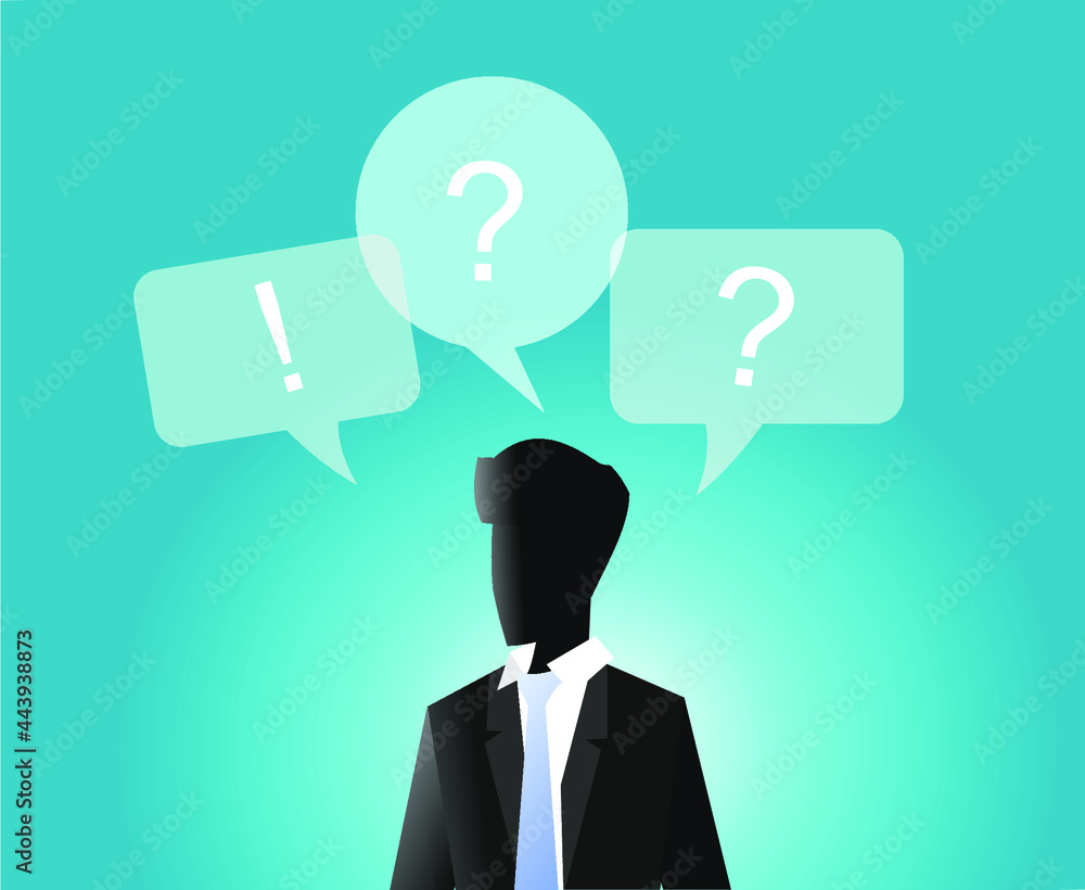 businessman with question mark and exclamation mark in bubble above it ...