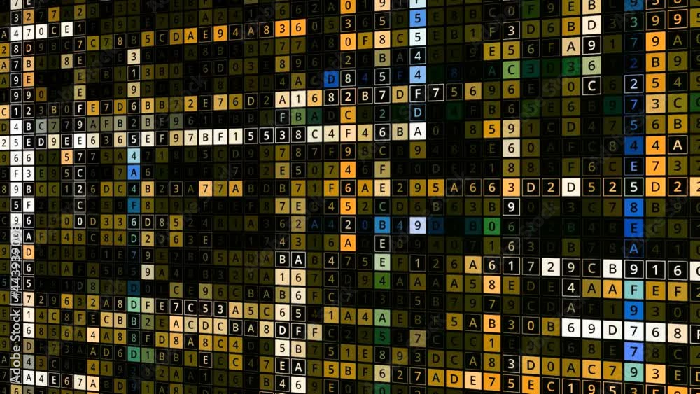 Background with lot of changing numbers. Animation. Multi-colored cells with numbers change and ...