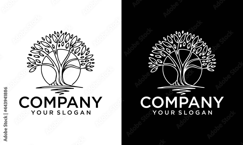 Circle tree logo icon template design. Round garden plant natural line ...