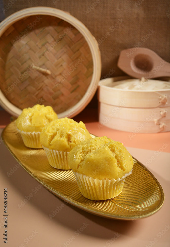 traditional local steam yellow cup cake huat kueh dessert with ...