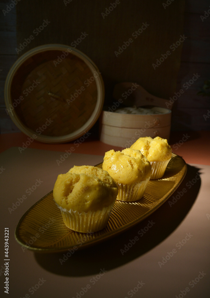 traditional local steam yellow cup cake huat kueh dessert with ...
