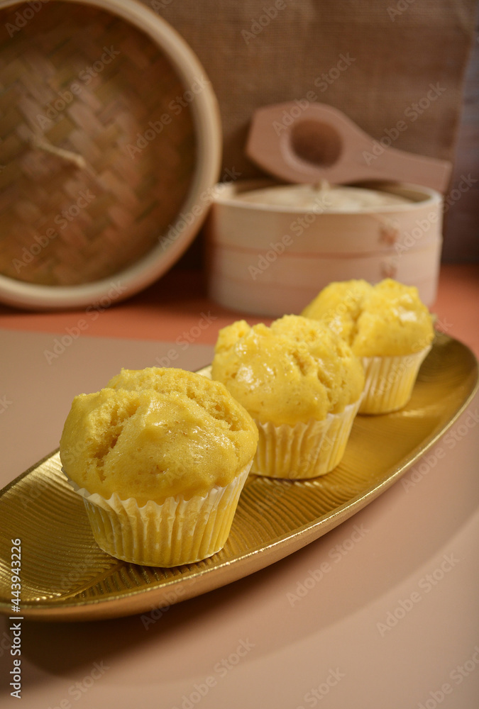 traditional local steam yellow cup cake huat kueh dessert with ...