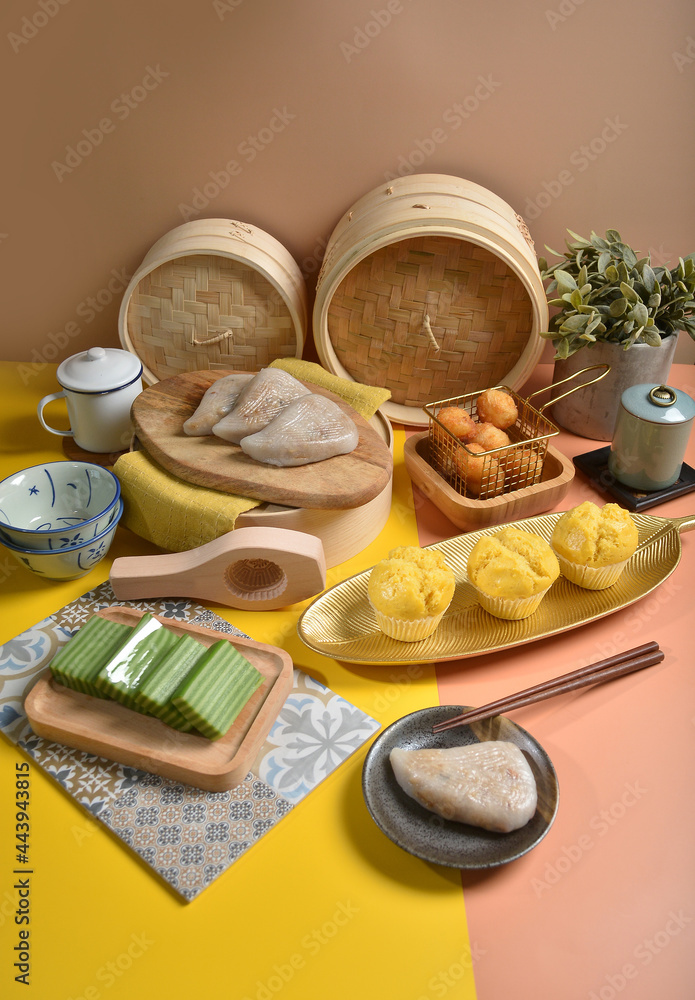 asian traditional snack and dessert in teochew rice, nonya cake, malay ...