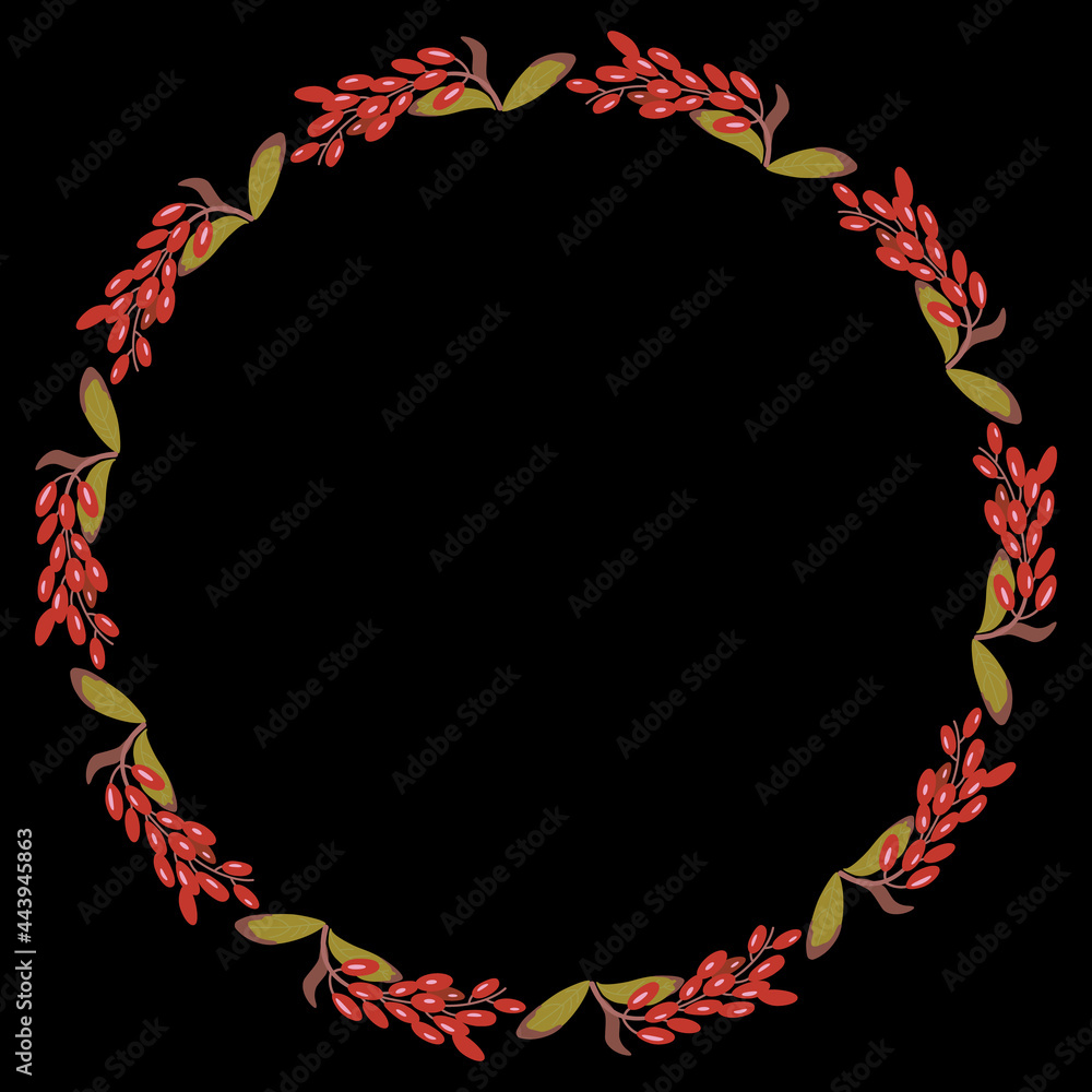Round floral frame with clusters of ripe red berries. Botanical border ...