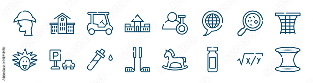school & science icons set such as kindergarten, fort, microorganism ...