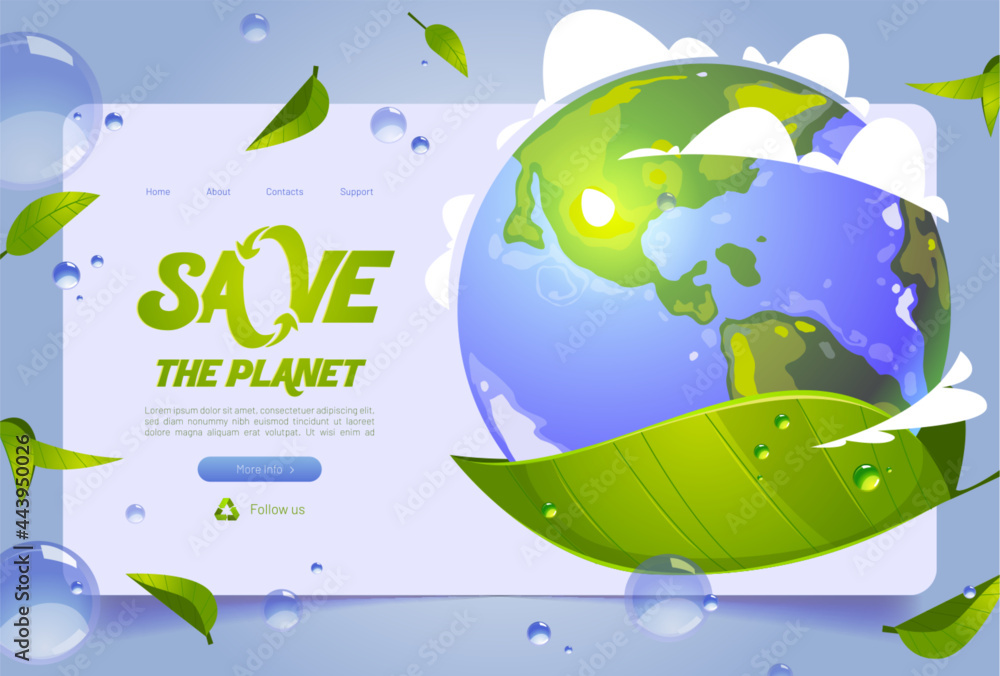 Save planet banner with Earth globe with clouds and green leaves ...
