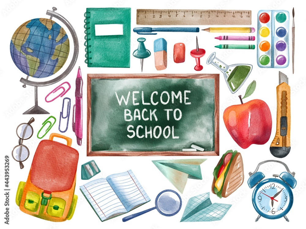 Hand drawing watercolor school days education equipment set. Use for ...