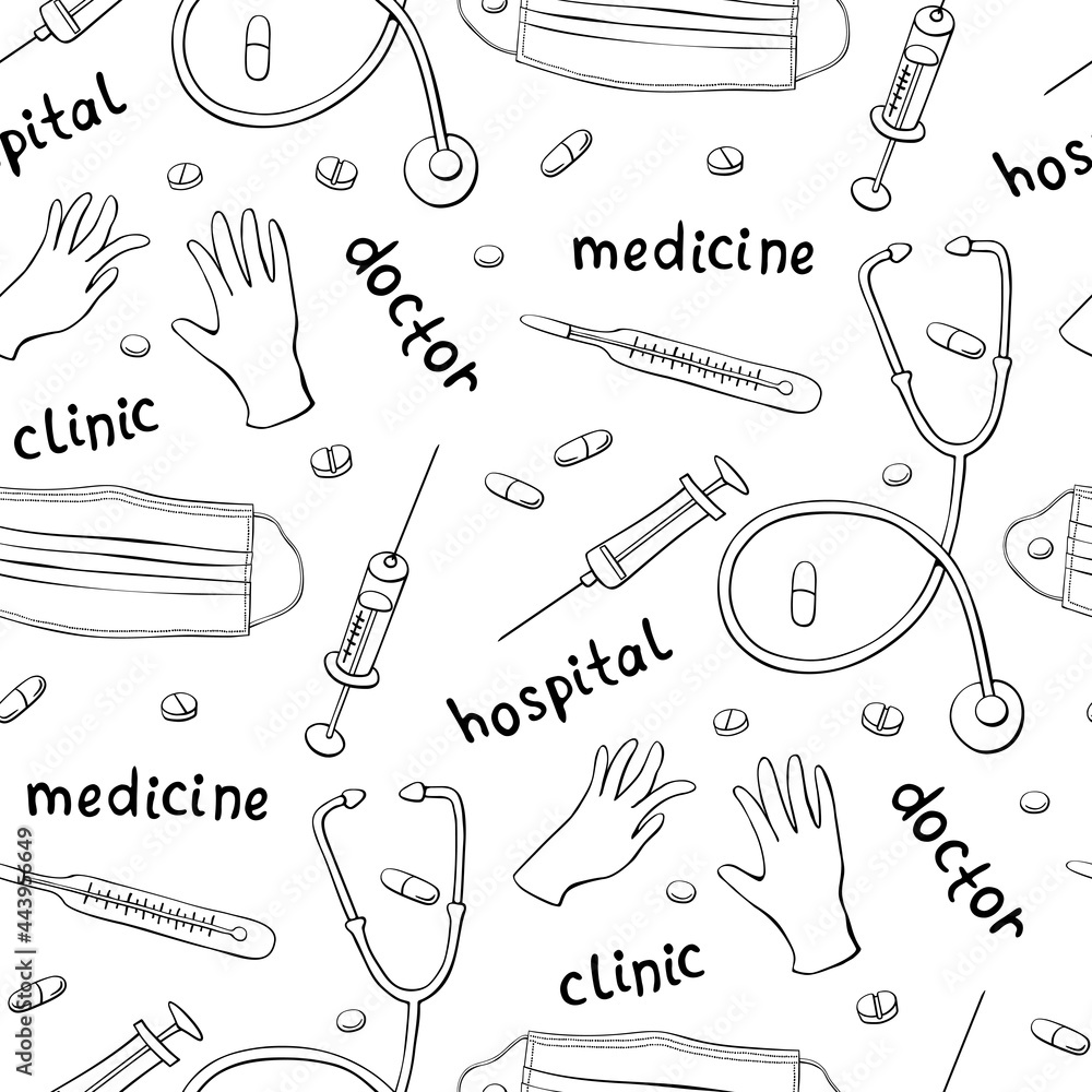 Seamless pattern with medicine items and lettering. Vector hand drawn ...