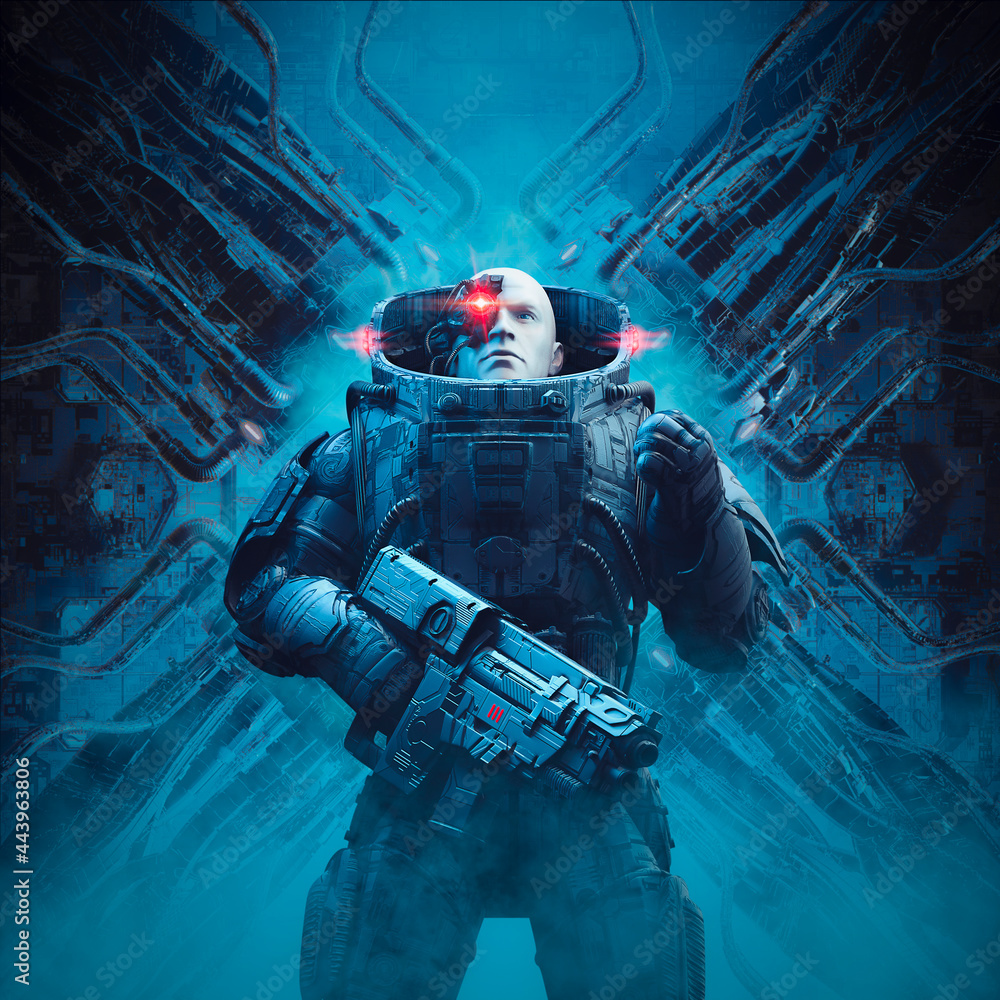 Cyberpunk soldier alien machinery / 3D illustration of science fiction ...