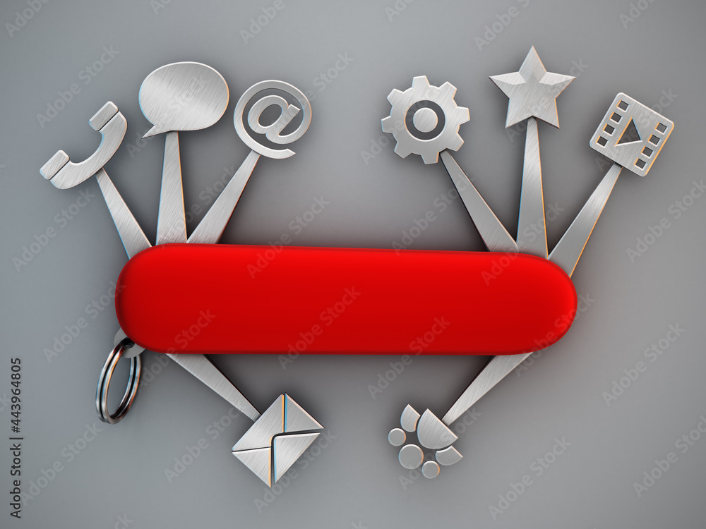 Technology icons connected to Swiss knife. 3D illustration Stock ...