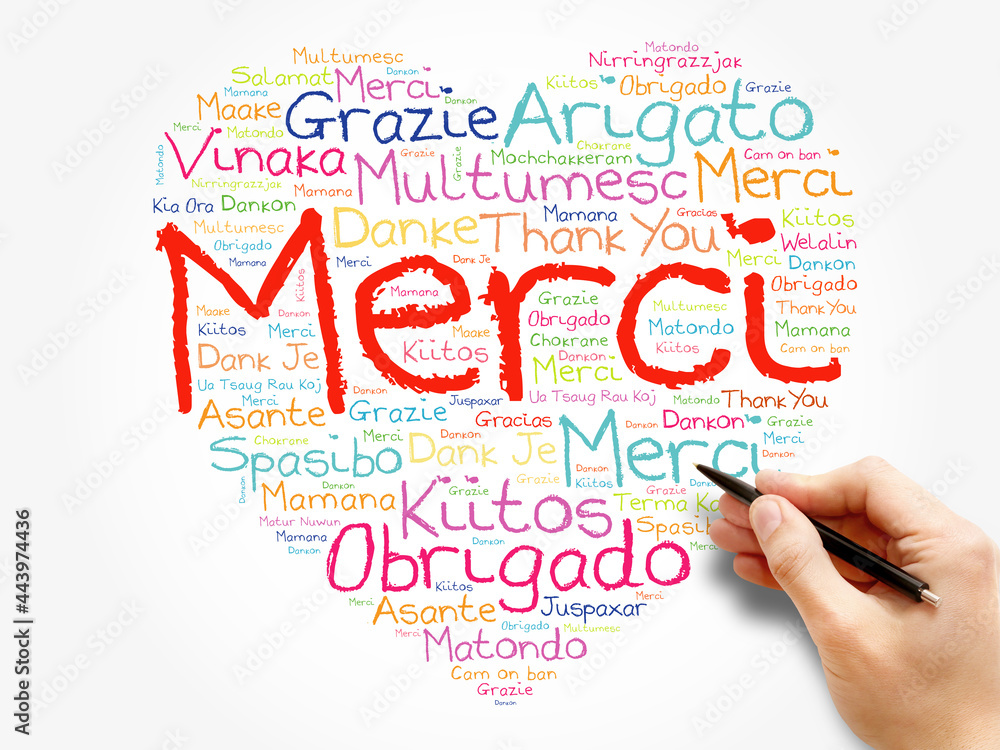 Merci (Thank You in French) love heart word cloud in different ...
