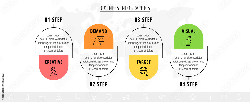 Vector 4 step line infographic labels with icons and squares. Modern ...