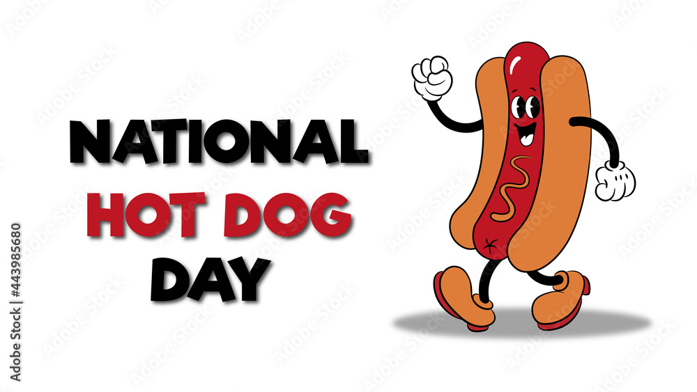 National Hot Dog Day July 21. Cartoon hot dog with mustard, American ...