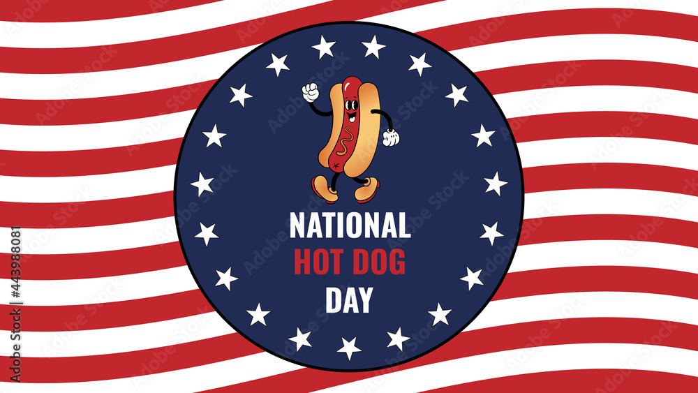 National Hot Dog Day July 21. Cartoon hot dog with mustard, American ...