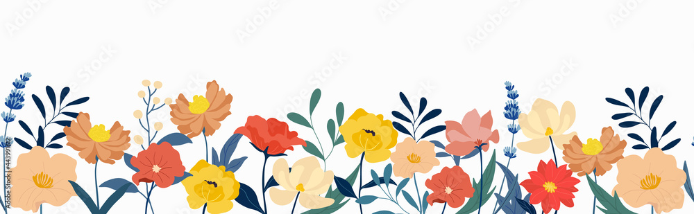 Flower and leaves seamless background vector. Blooming flowers ...