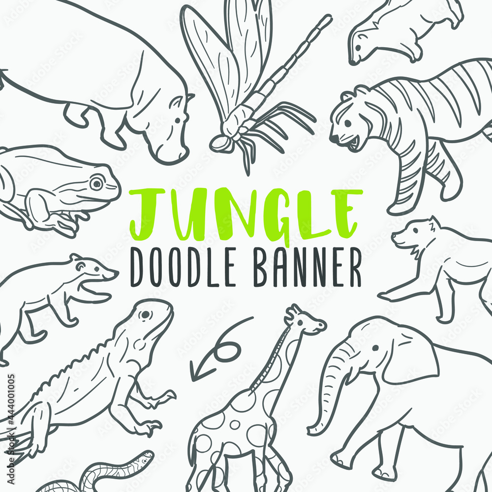 Jungle Doodle Banner Icon. Wildlife Animals Vector Illustration Hand ...