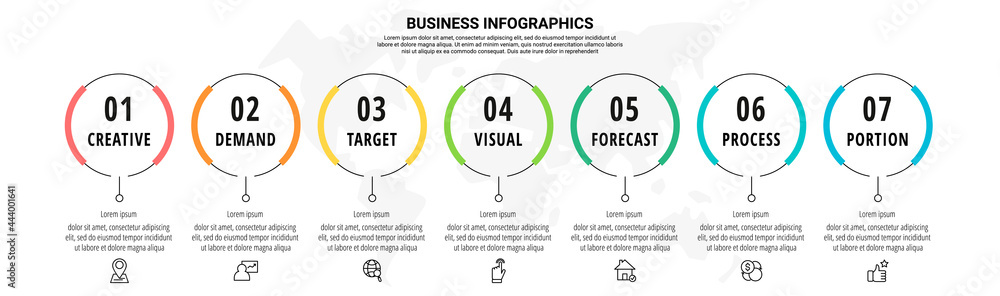 Business vector infographics with 7 line circles. Timeline ...