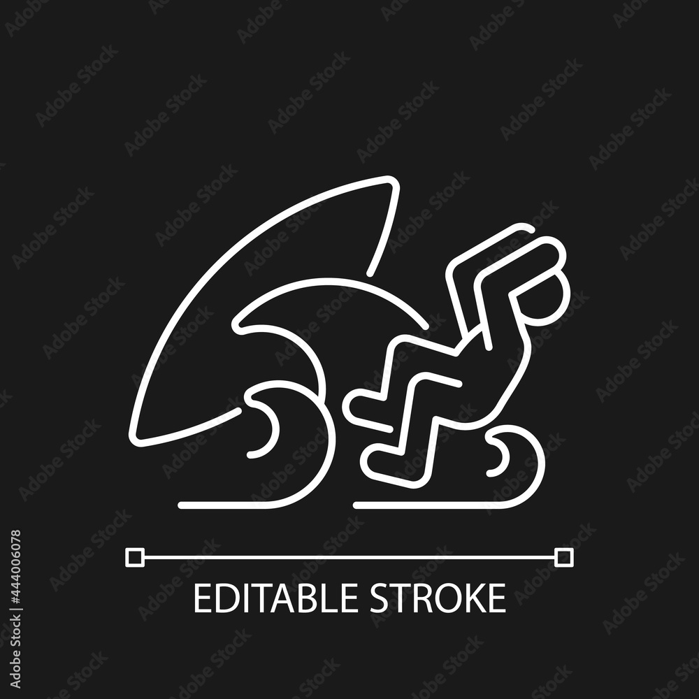 Protecting head while falling from surfboard white linear icon for dark ...