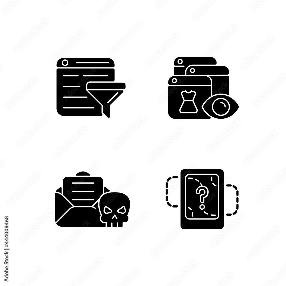 Network surveillance black glyph icons set on white space. Filter ...