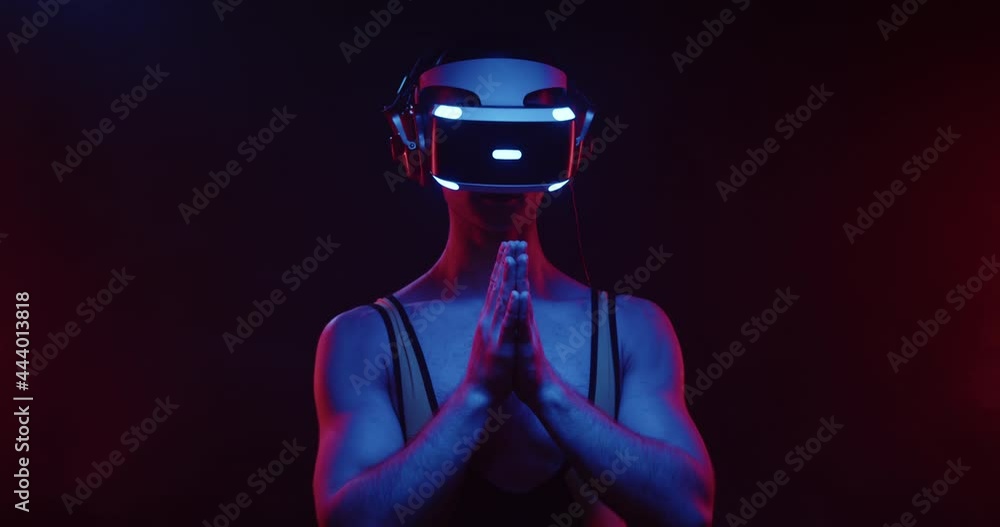 Close up stylish future handsome man gamer wearing virtual reality ...