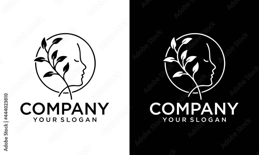 Fashion One line drawing logo, women face with plant. Abstract nature ...
