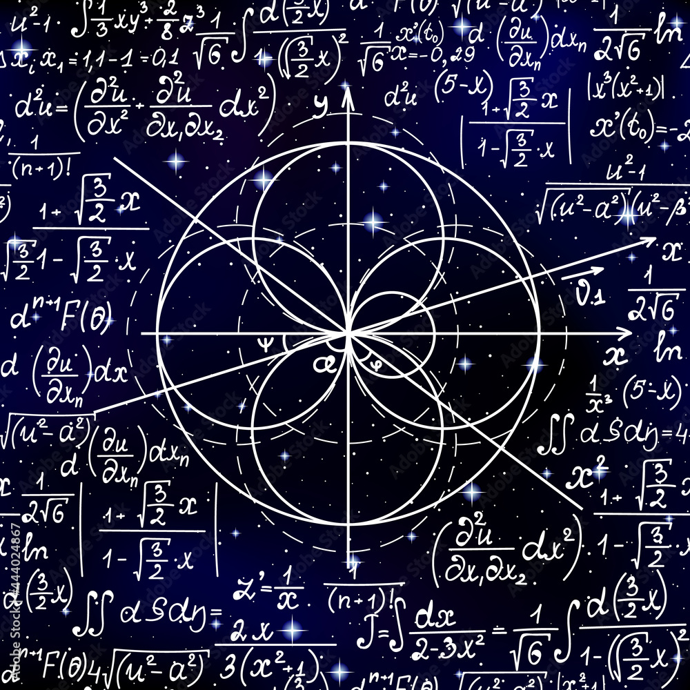 Scientific Vector Seamless With Handwritten Math Formulas Calculations And Spheric Figures On