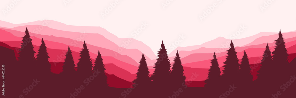 pink mountain forest landscape vector illustration for background ...