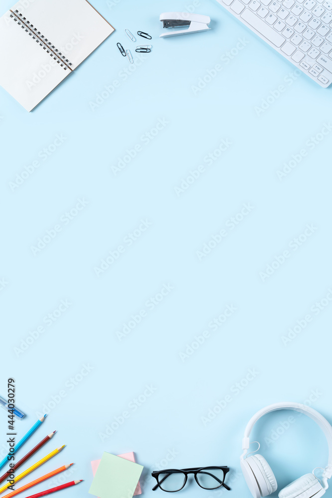 Online learning design concept. Top view of student table with computer ...