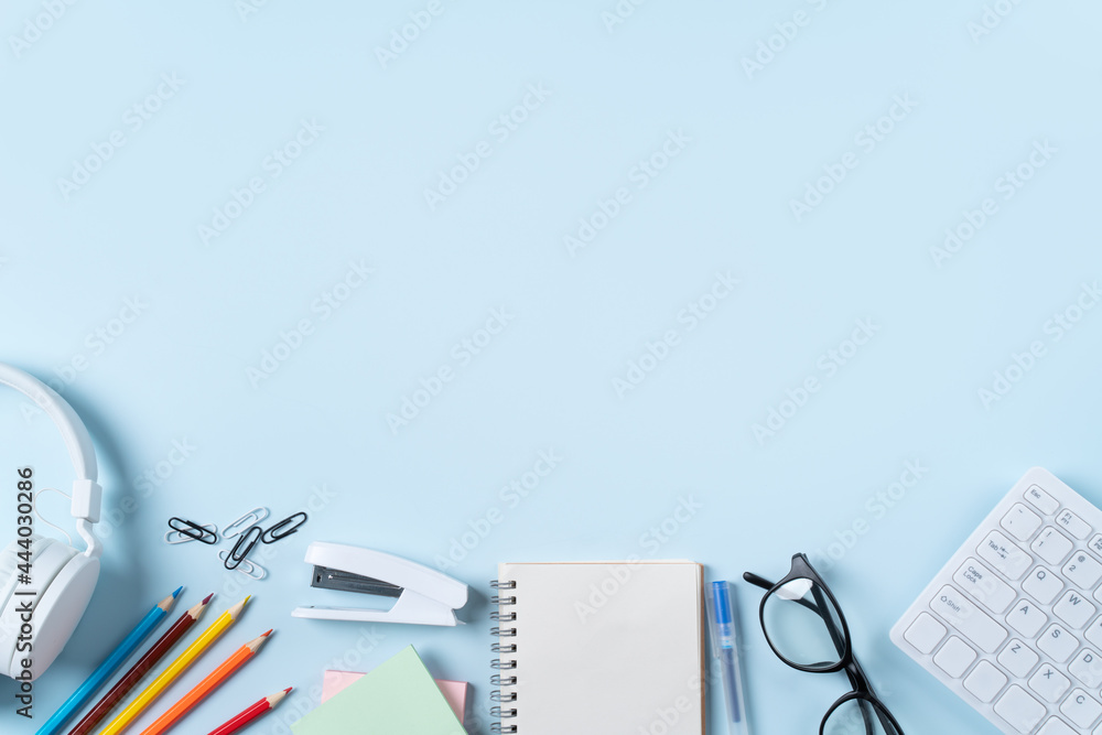 Online learning design concept. Top view of student table with computer ...