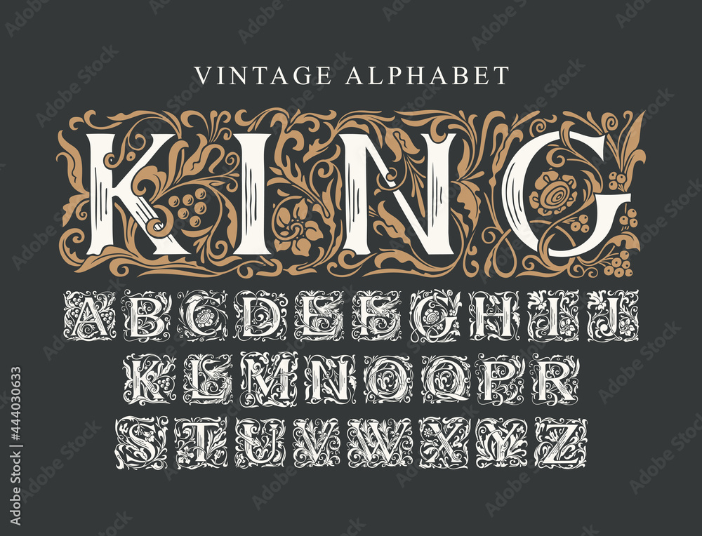 The word KING. Luxury design of ornate royal typeface for monogram ...