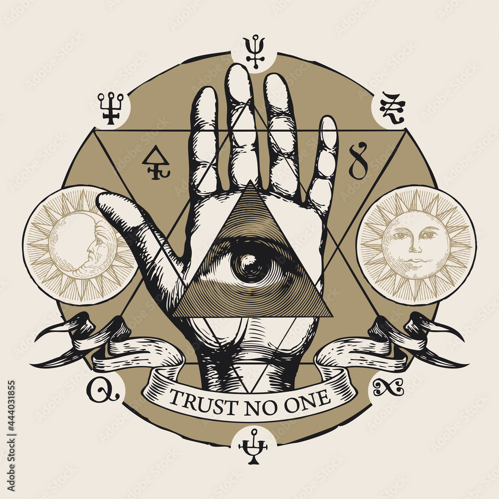 Hand-drawn vector illustration with all seeing eye of God on an open ...