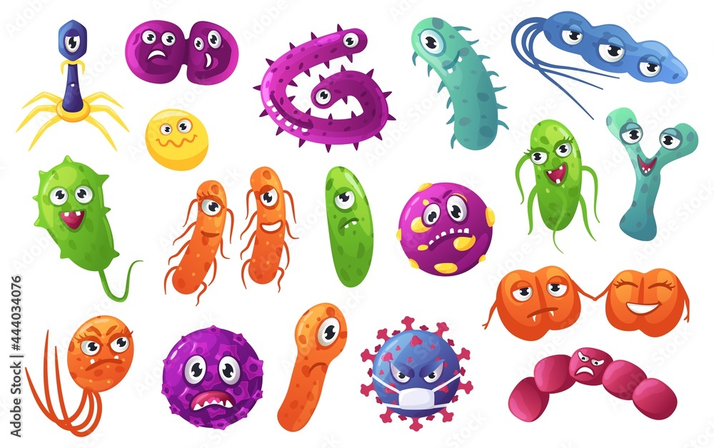 Plakat Cartoon bacteria characters. Cute bacteria, germs, viruses with ...
